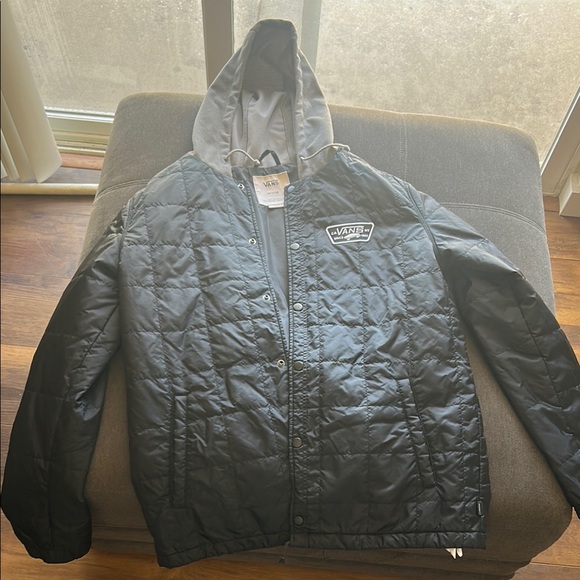 Vans | Jackets & Coats | Vans Black Quilted Jacket With Gray Hood ...